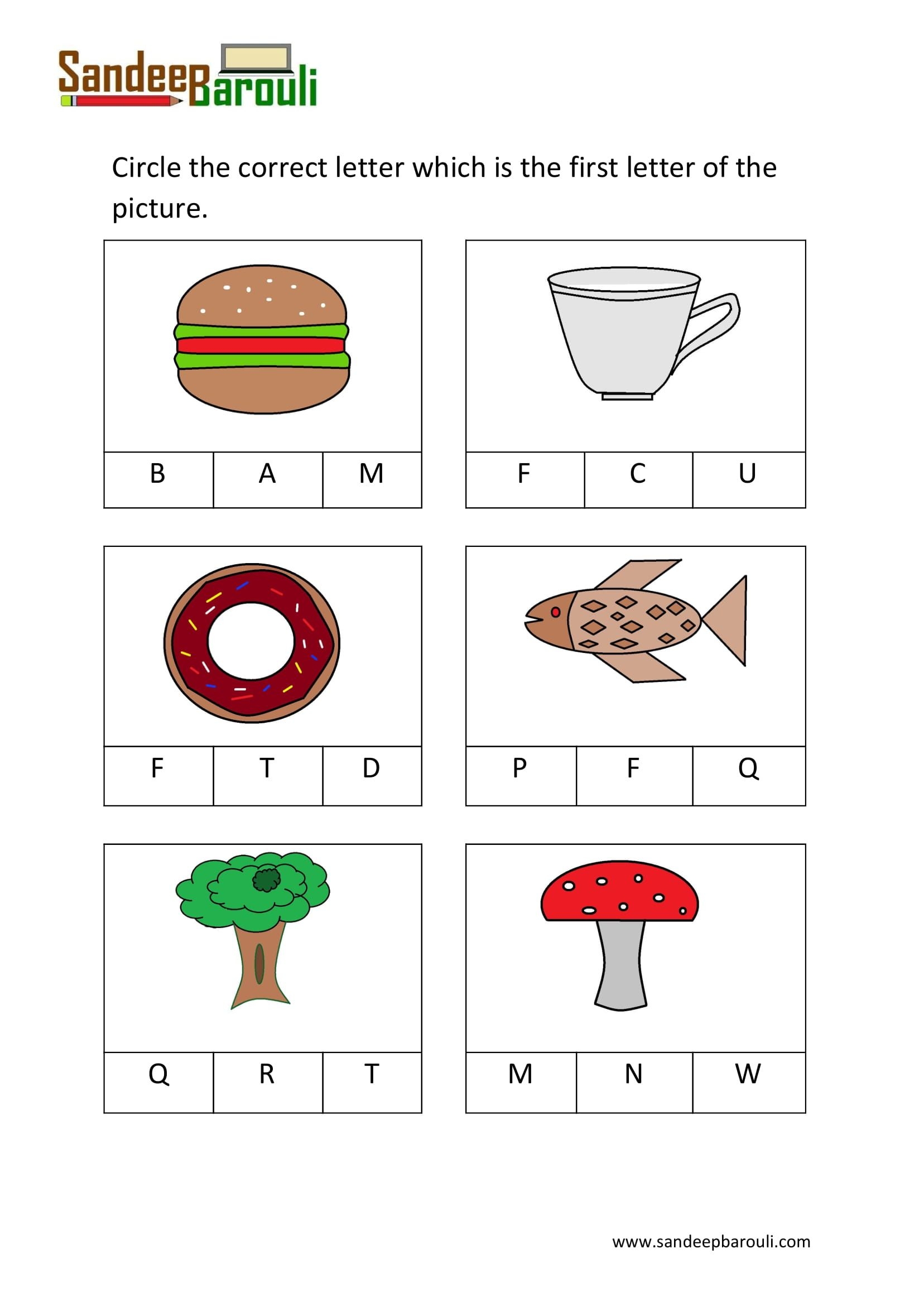 Circle The First Letter Of The Picture Worksheets For Kindergarten ...