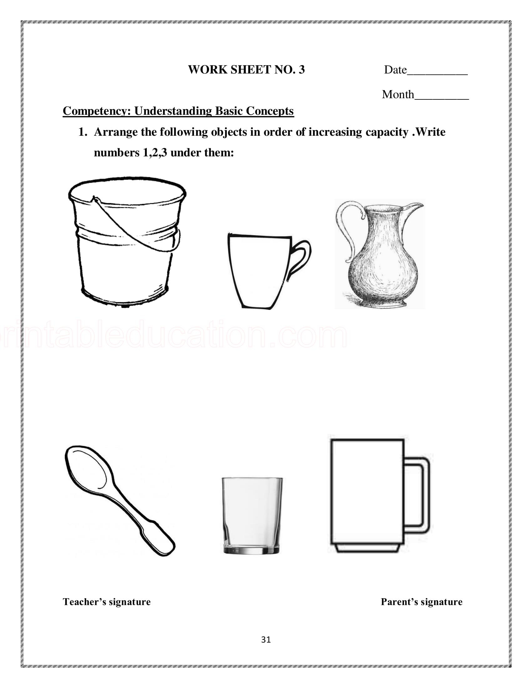 Capacity Worksheet For Kindergarten - Kindergarten Worksheets