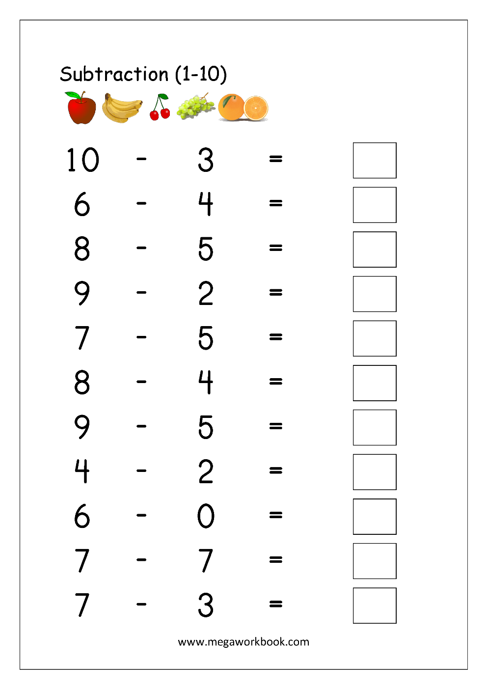 Subtraction Worksheets For Kindergarten 1-10 - Kindergarten Worksheets