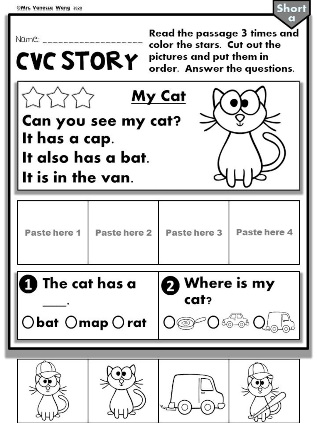 Cvc Story With Questions - Kindergarten Worksheets